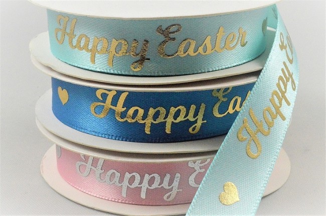 55129 - 15mm satin ribbon with a printed Happy Easter message and a ...